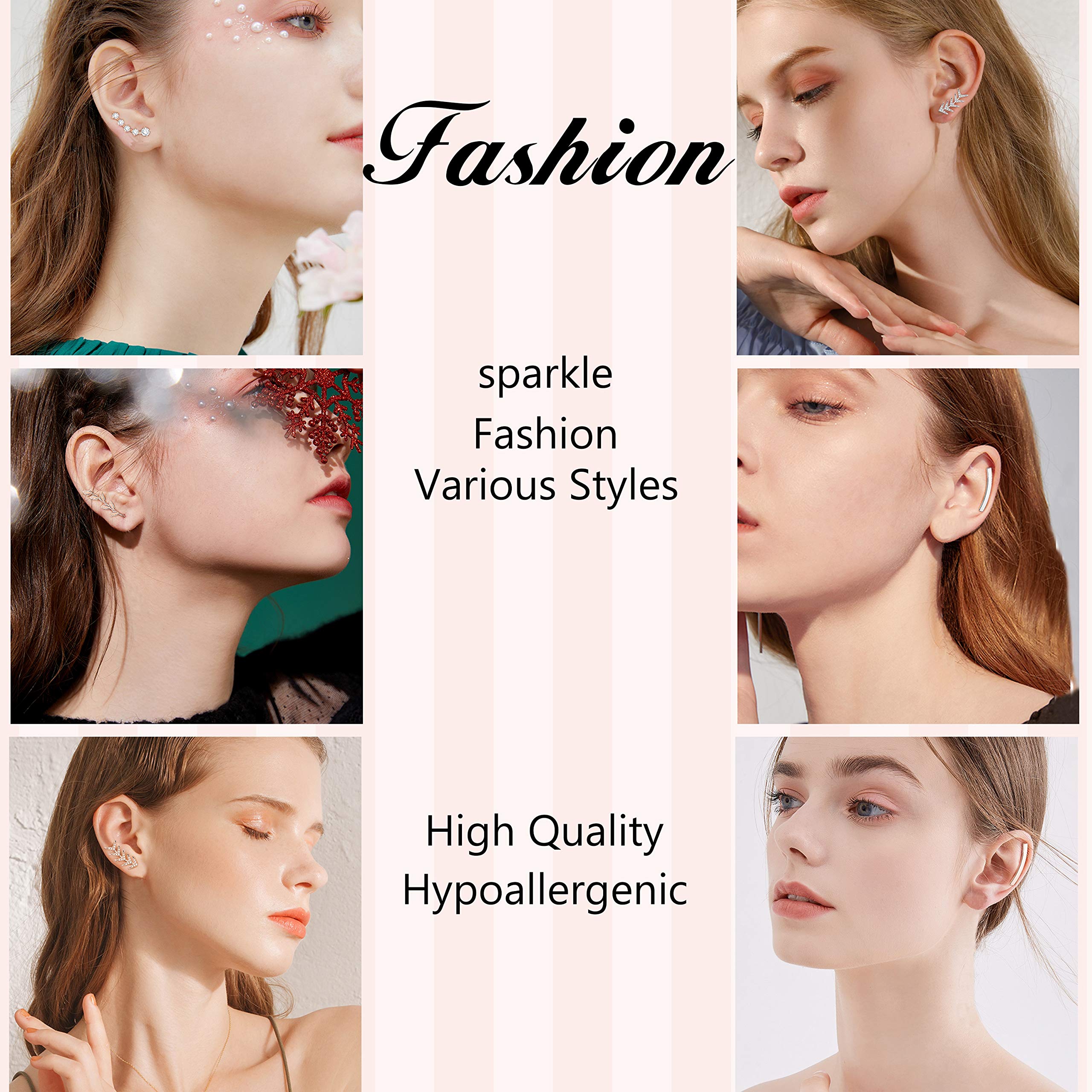 FUNRUN JEWELRY 8 Pair Ear Cuff Hoop Climber Earring CZ Arrow Leaf Crawler Earring Set for Women Ear Jacket