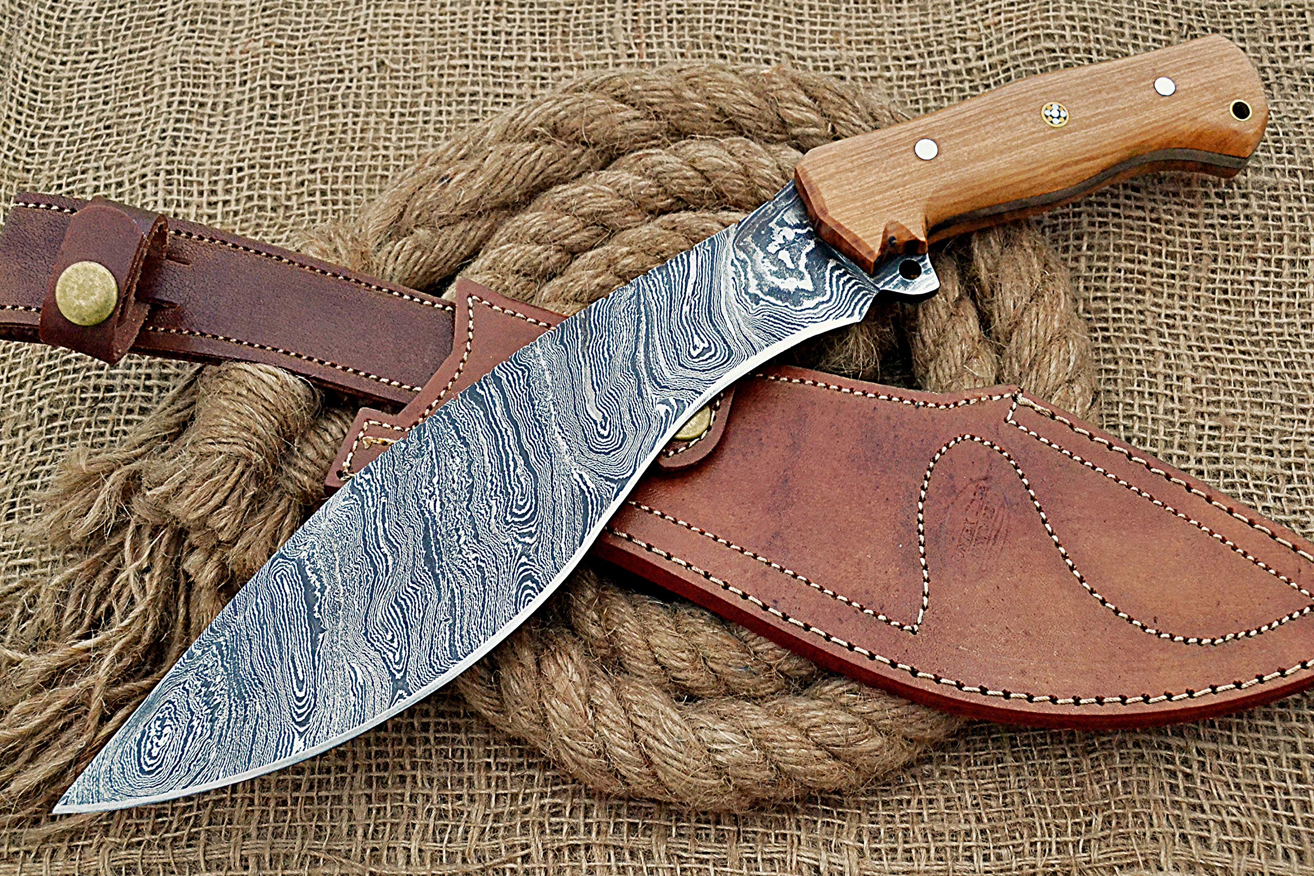 HUNTEX Handmade Hand-Forged Twist Pattern Damascus Steel 15 Inch Long Full Tang Natural Oak Wood Handle Razor Sharp Hunting Camping Kukri Knife w/Genuine Leather Sheath