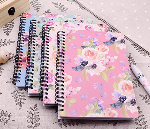 Yansanido Spiral Notebook, 4 Pcs A5 Thick Flower Design Hardcover 8mm Ruled 4 Color 80 Sheets -160 Pages Journals for Study and Notes (flower)
