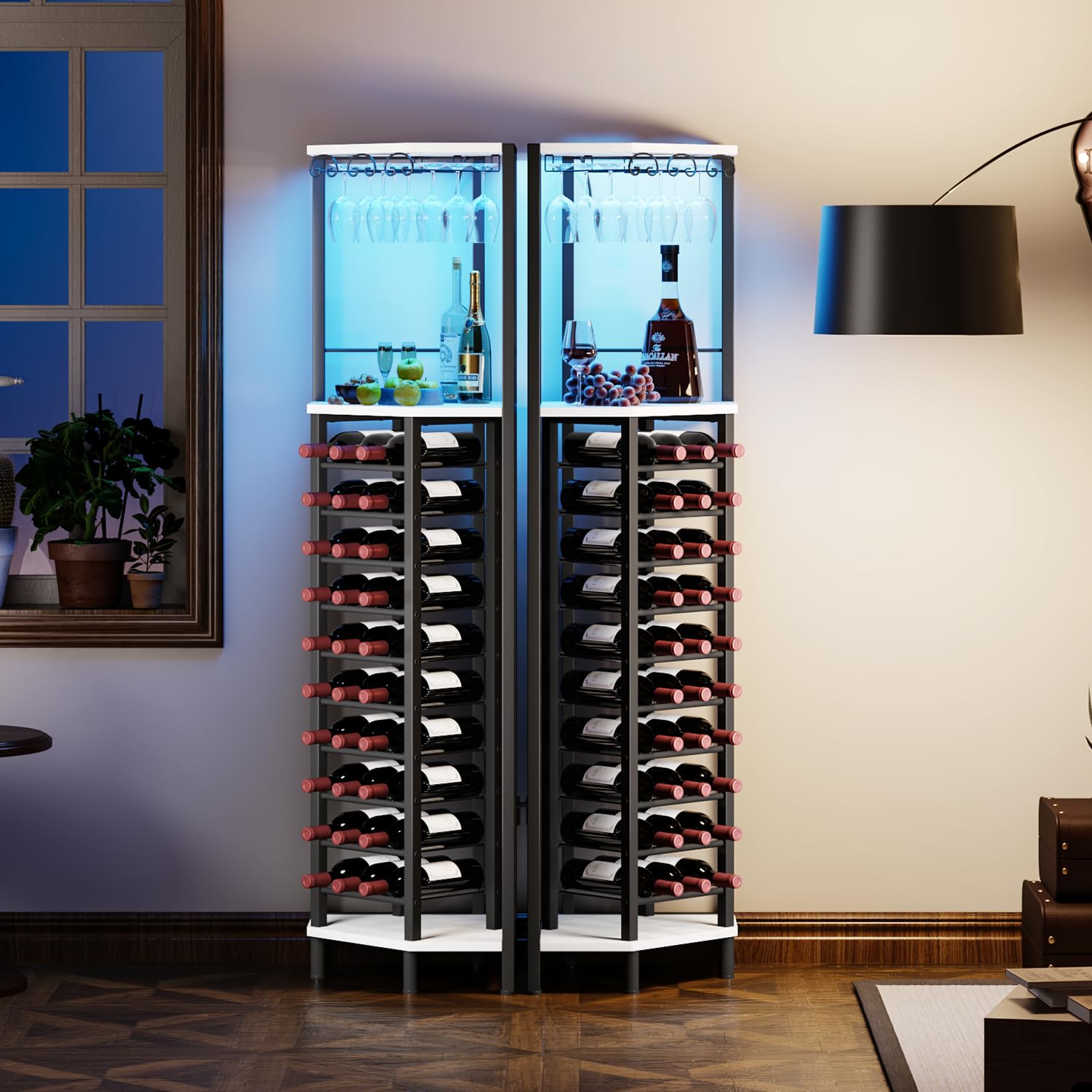 Homeiju Corner Wine Rack with Glass Holder and Led Strip Light, Corner Bar Wine Racks Free Standing Floor, Industrial Corner Bar Cabinet for Kitchen, Dining Room, Living Room or Cellar