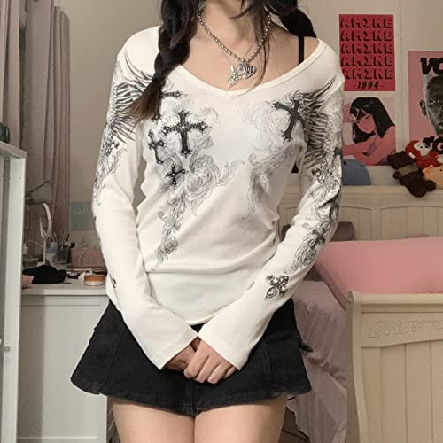 vaflower Women Y2K Long Sleeve Patchwork Lace Square Neck Crop Top Tshirt Slim Fit Harajuku Vintage Streetwear Blouse Tops (A1-White,M)