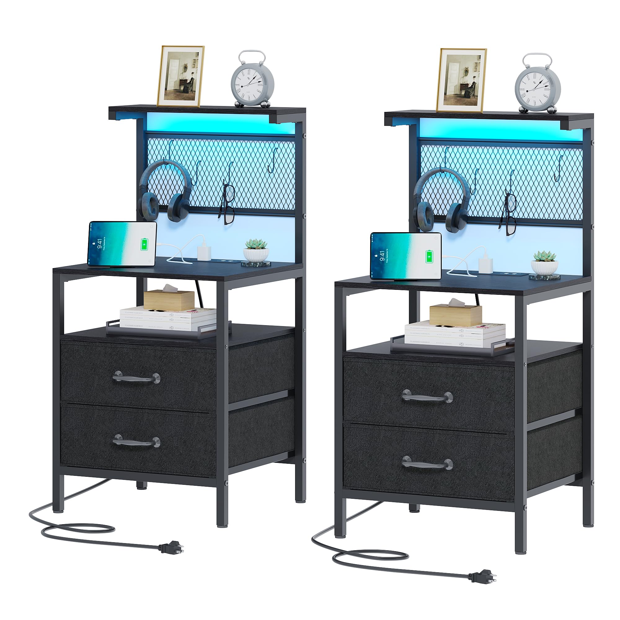 TRIFEBLE Tall Nightstand Set of 2 with Charging Station and LED Lights, Night Stand with Fabric Drawers, Bedside Table 36.4 Inch with Storage Shelves, Side Table, Mesh Shelves with Hooks, Rustic Brown