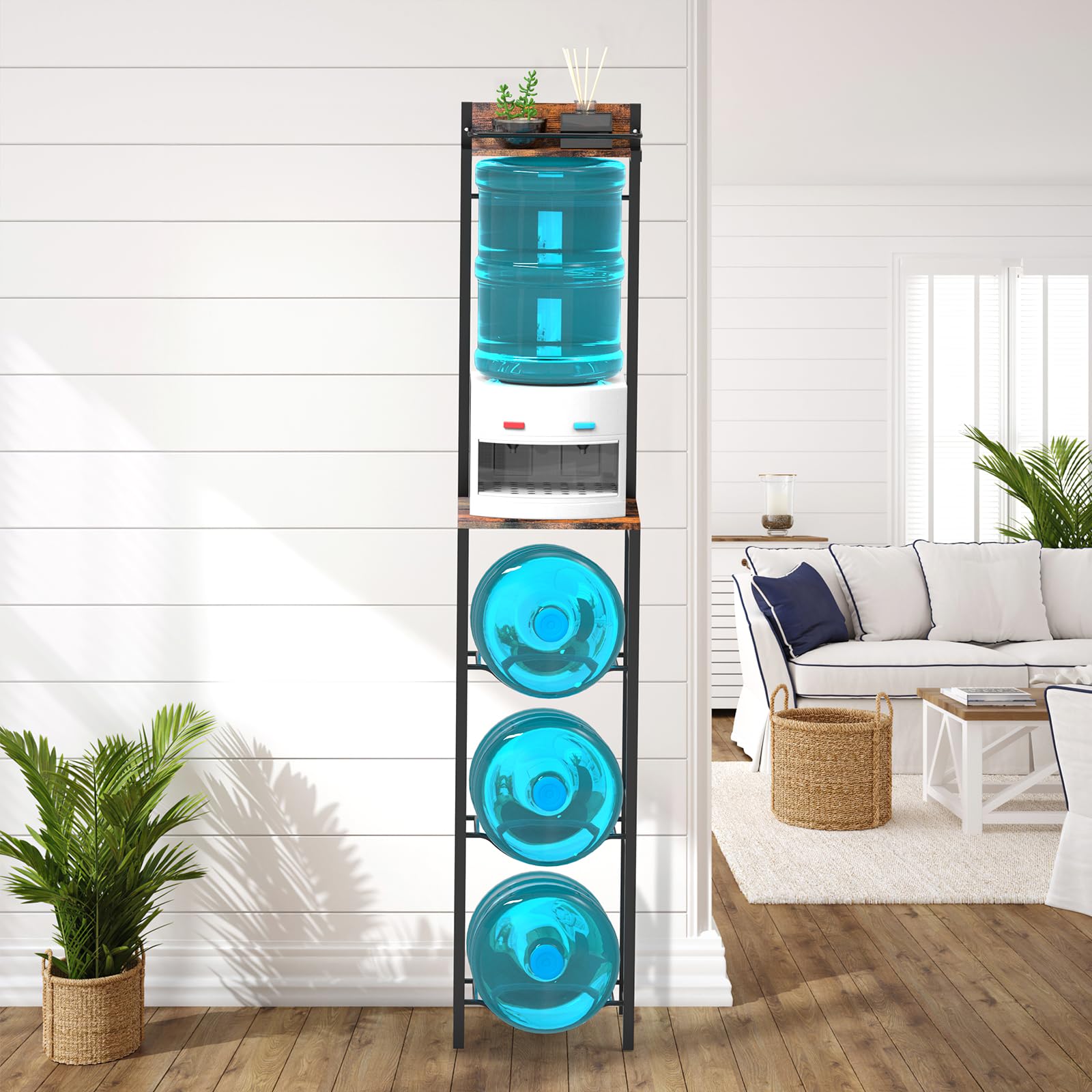 Water Bottle Holder 5 Gallon Water Cooler Jug Rack 3-Tiers Water Bottle,Removable water bottle cage,Can place coffee machine,Organizer with Storage Shelves for Kitchen Living Room Office(Upgraded)
