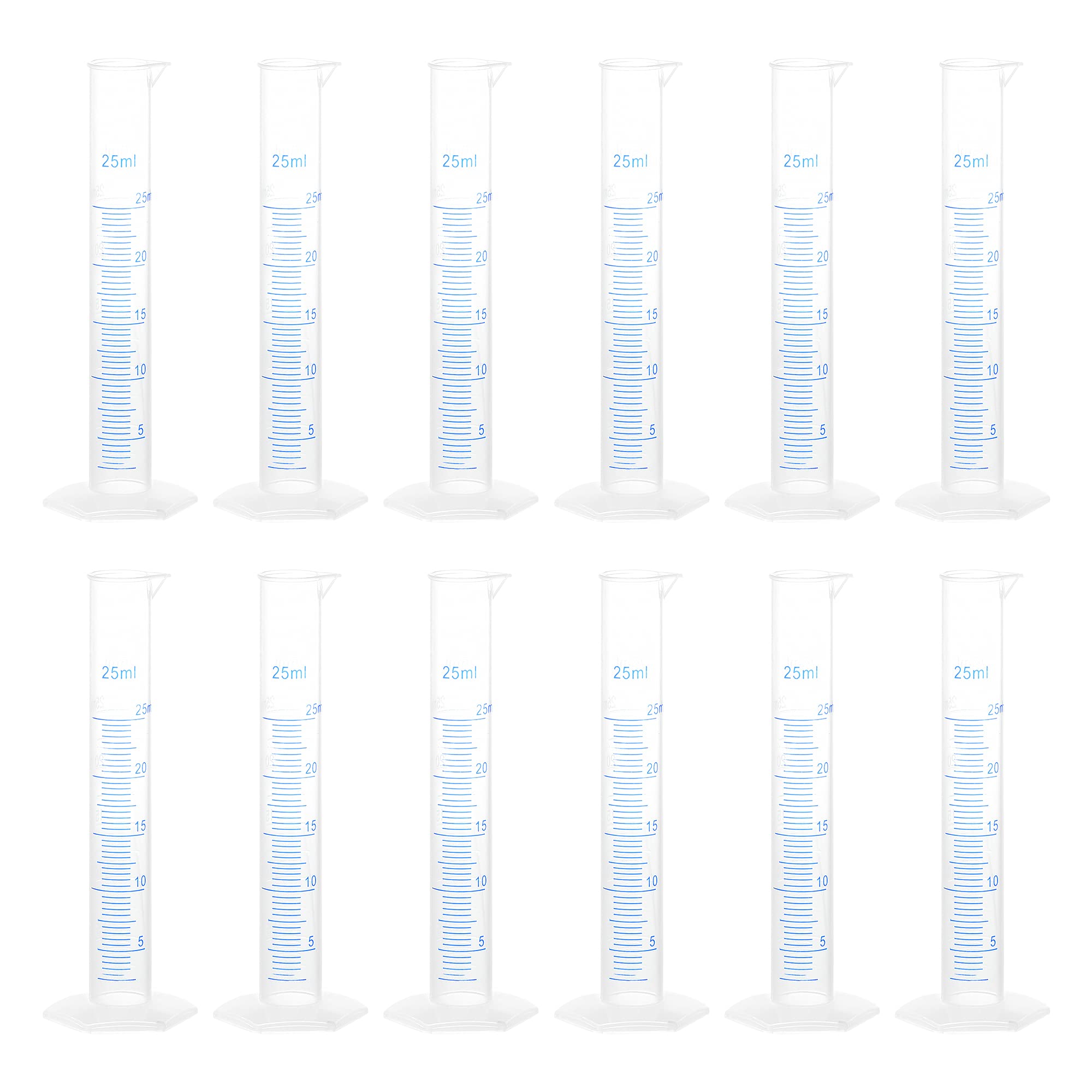 uxcell Plastic Graduated Cylinder, 25ml Measuring Cylinder, Science Test Tube Beakers, 2-Sided Metric Marking, Clear Hex Base for Lab Home 12Pcs