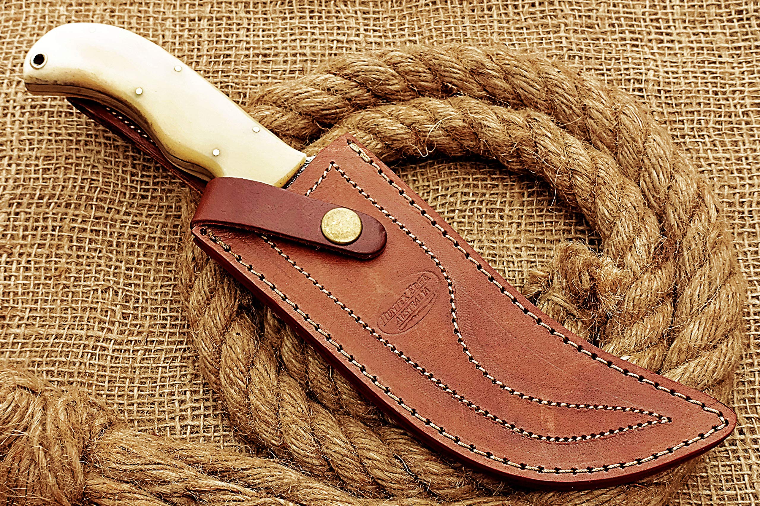 HUNTEX Handmade Hand-Forged Twist Pattern Damascus Steel 11 Inch Long Full Tang Camel Bone Handle Razor Sharp Hunting Camping Trail Knife w/Genuine Leather Sheath