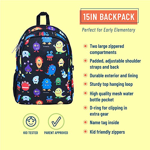Wildkin 15-Inch Kids Backpack for Boys & Girls, Perfect for Early Elementary, Backpack for Kids Features Padded Back & Adjustable Strap, Ideal for School & Travel Backpacks (Monsters)