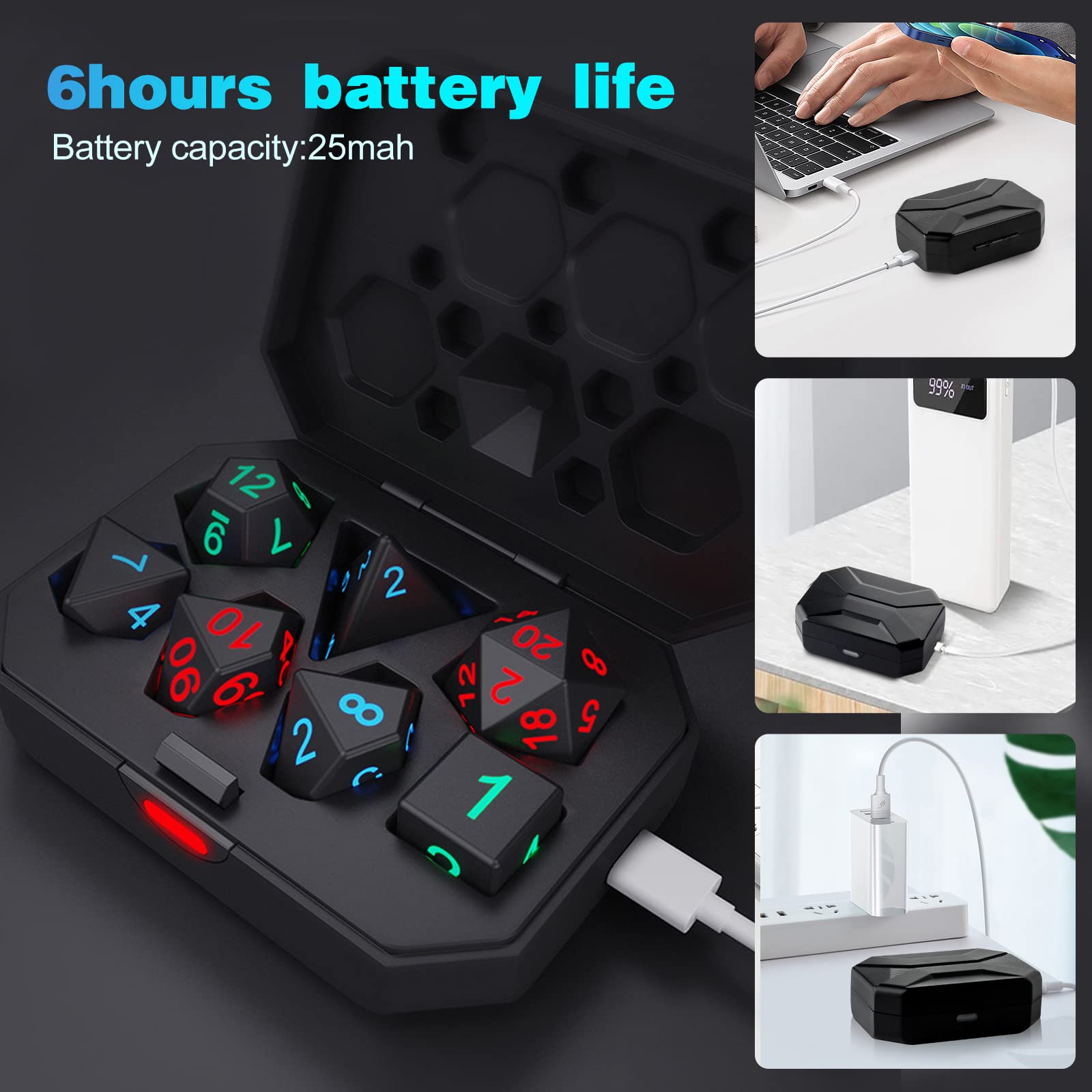 Glowing DND Dice Set with Charging Box, 7Pcs LED Light Up Polyhedron Rechargeable Electronic Dice for Dungeon and Dragons, Role Playing Table Games, RPG Polyhedral Dice Set