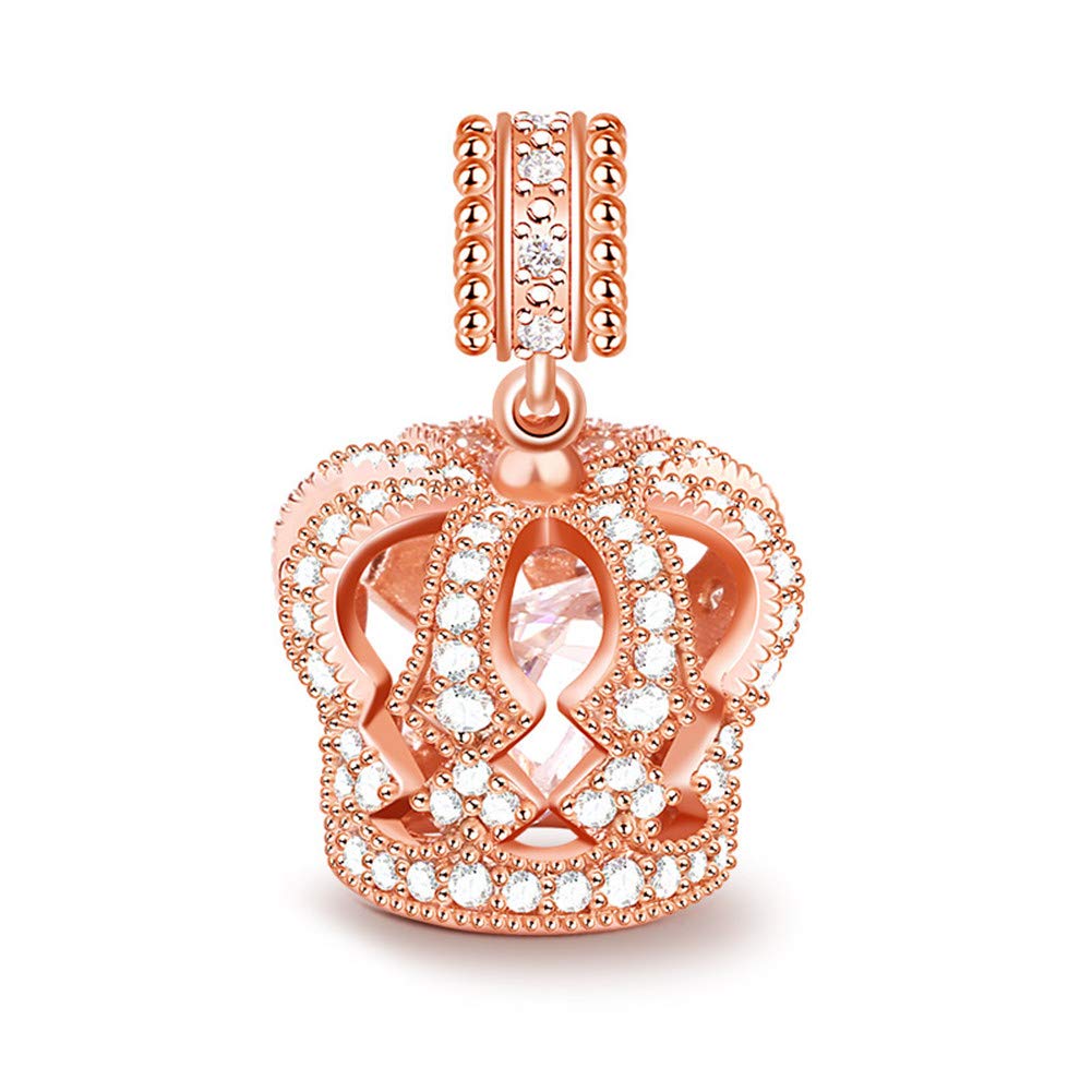 GNOCE 18K Rose Gold Charm Pendant 925 Sterling Silver You Are The Queen Crown Dangle Charm With Cz Fairytale Princess Prince Noble Splendor Shine Crown Bead Fit All Bracelet Necklace