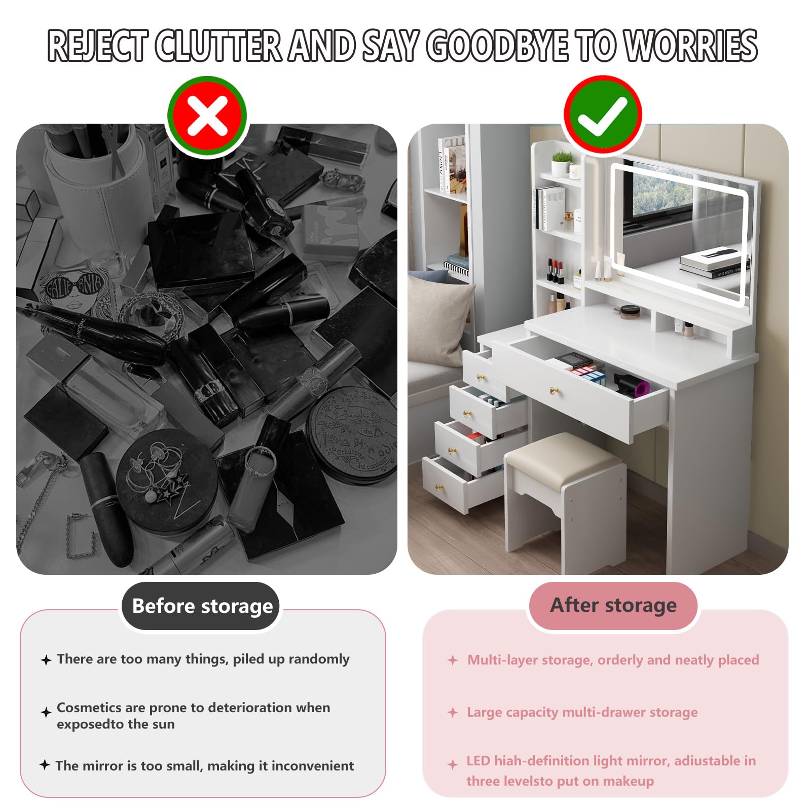 MONGMON Makeup Vanity, Vanity Desk with Mirror and Lights, Makeup Vanity Set 5 Drawers, Stool and Open Shelves,Vanity Mirror 3 Color Lighting Modes Adjustable, White
