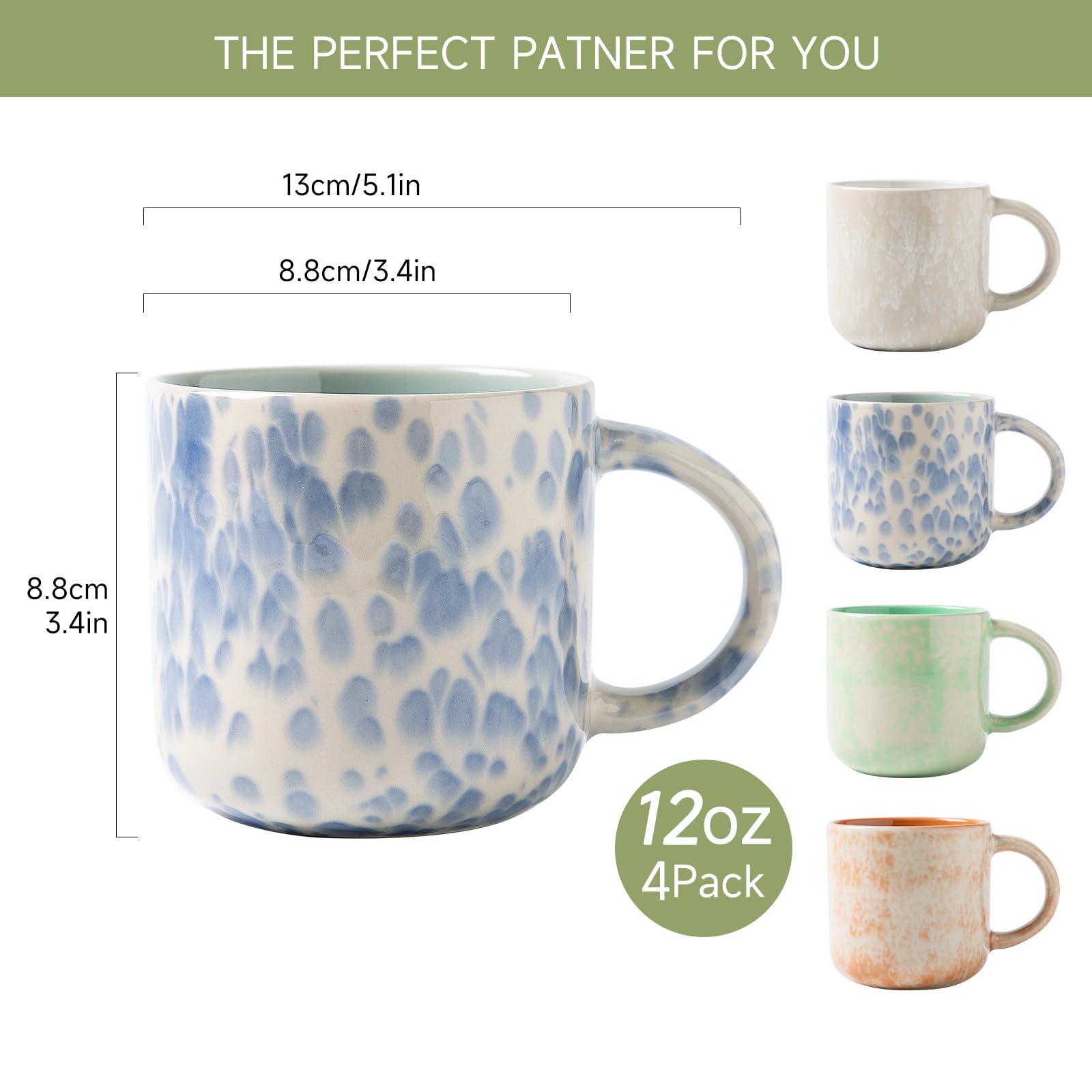 MONITO 12 OZ Coffee Mugs Set of 4, Large Ceramic Coffee Mugs,Modern Coffee Mugs Set with handle for Tea/Latte/Cappuccino/Milk/Cocoa, Funny Tea Cups for Office and Home, Engagement Gifts (12 oz)