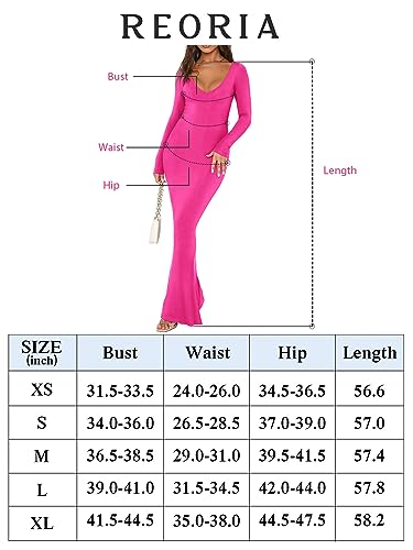 REORIA Women's Sexy Soft Lounge Ribbed Long Dress Fall Elegant Formal Wedding Guest Long Sleeve Deep V Neck Bodycon Maxi Dresses Coffee X-Small