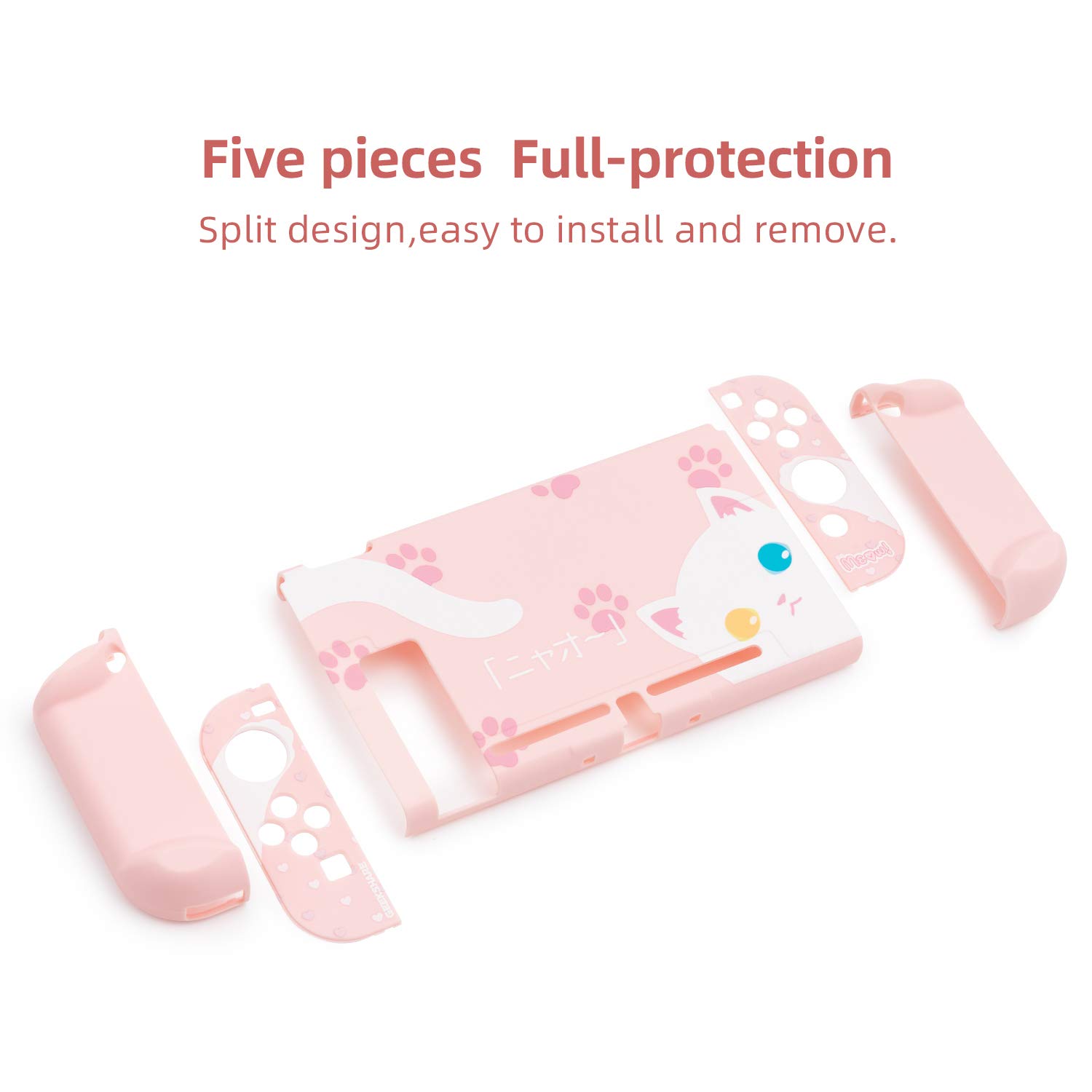 GeekShare Protective Case for Nintendo Switch, DIY Replacement Housing Shell Case Set for Nintendo Switch Console and Joycon - Anti-Scratch and Soft Touch PC Material (Pink Cat)