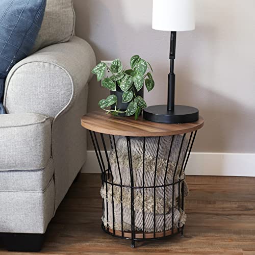Sunnydaze 17.25-Inch H Modern Pedestal Wire Side Table with Faux Woodgrain Pull-Open Tabletop - Brown