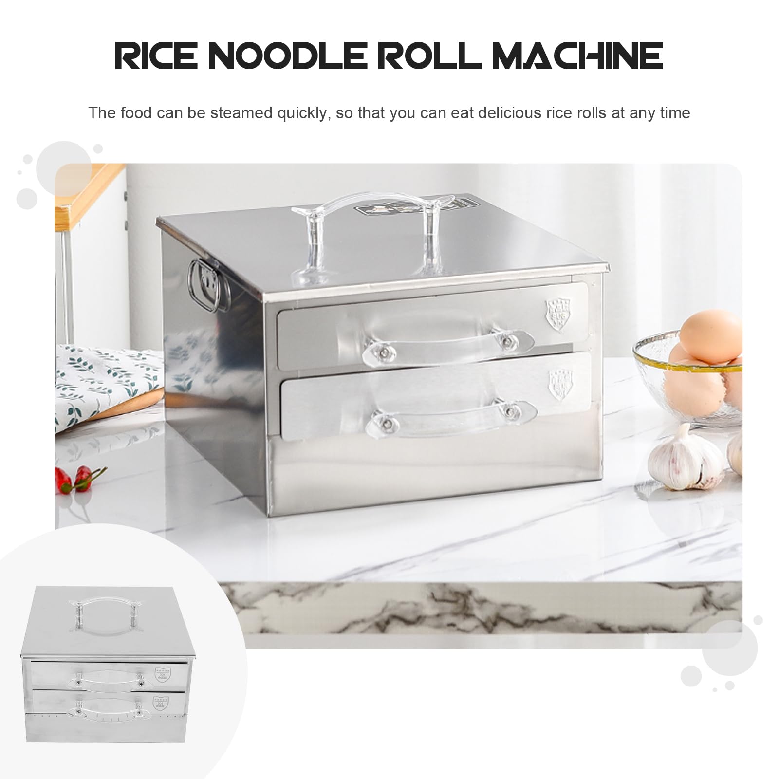Rice Noodle Roll Steamer Machine - 2 Layers 2 Trays Chinese Cantonese Cheung Fun Changfen Maker for Commercial and Home Use with Extra Stainless Steel Holed Steam Tray and Long Handle