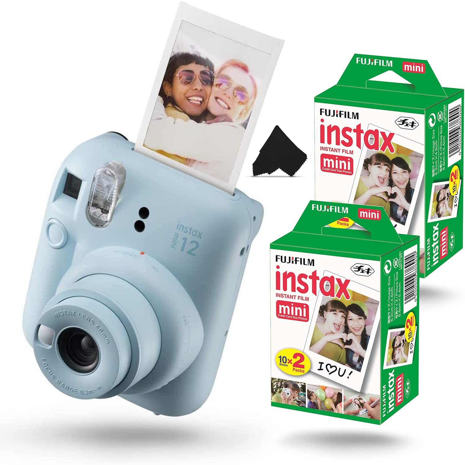 Fujifilm Instax Mini 12 Instant Camera, Pastel Blue Camera with 40 Photo Sheets, Cleaning Cloth, and INSTAX UP App, Portable, Easy to Use, Automatic Settings, Front Mirror for Selfies, 2 AA Batteries