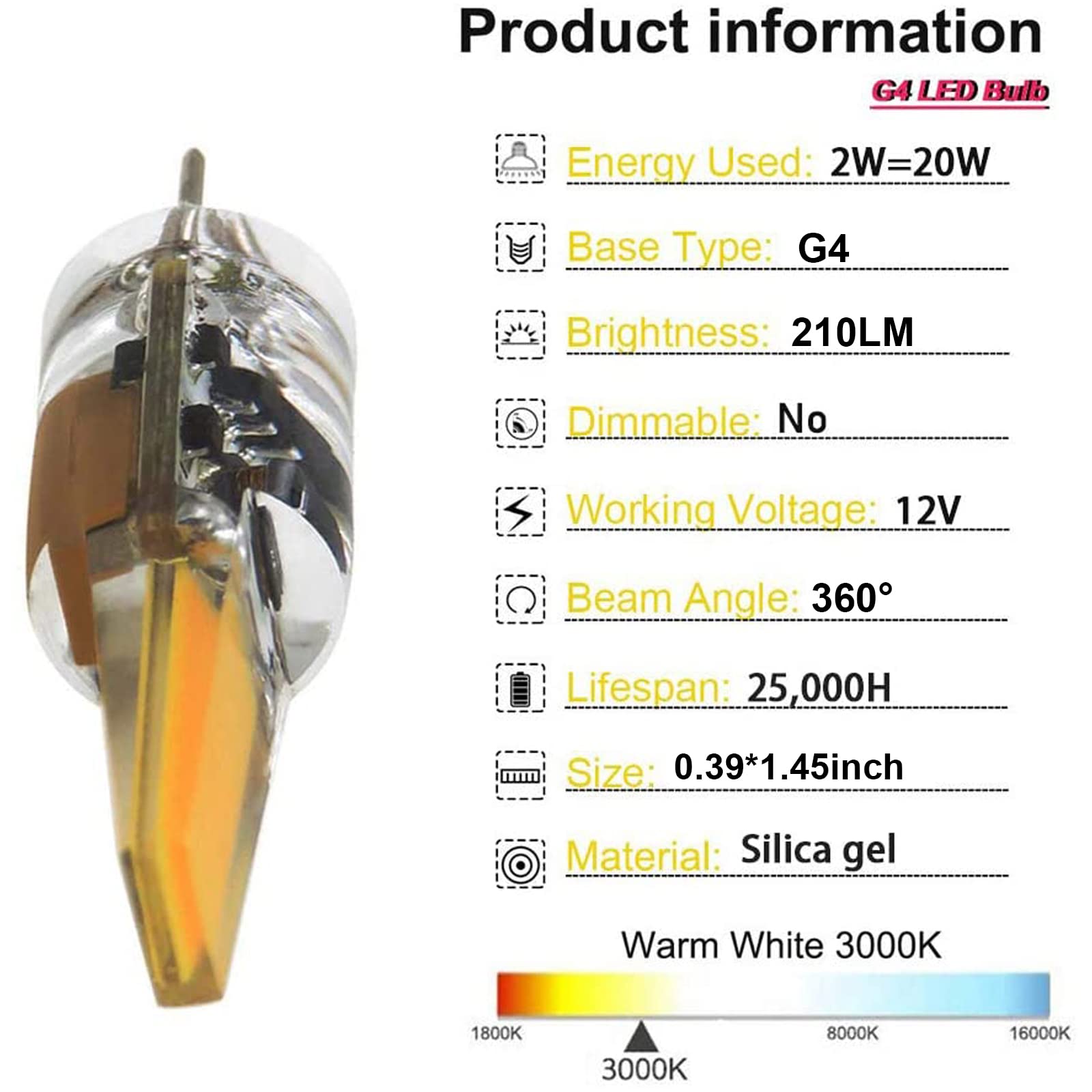 G4 LED Bulb 2W Equivalent to 20W T3 JC Type Bi-Pin G4 Base Halogen Bulb, AC/DC 12V Warm White 3000K G4 Bulb for Under Cabinet Light, Ceiling Lights, RV, Boats, Outdoor Landscape Lighting (10 Pack)