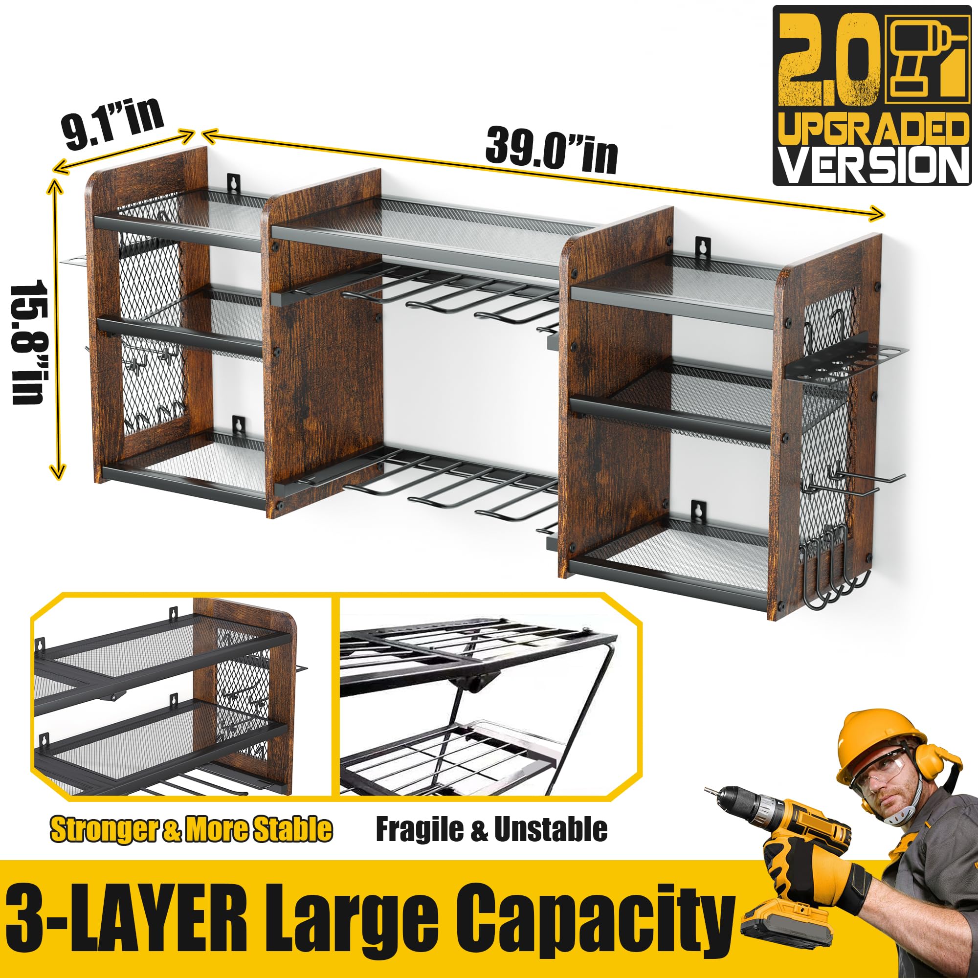 vimiroo Power Tool Organizer, 8 Drill Holder Wall Mount, 3 Layers Garage Tool Organizers and Tool Storage Rack, Heavy Duty Metal Tool Shelf with Screwdriver Holder/Plier Holder/Hammer Holder