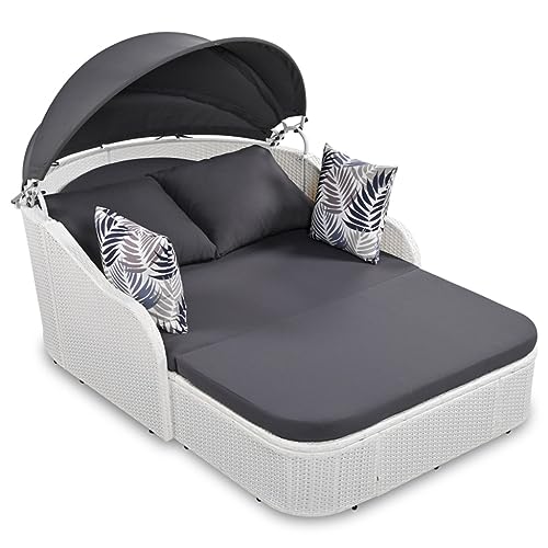 Generic 79.9" Outdoor Sunbed with Adjustable Canopy, Double Lounge, PE Rattan Daybed, White Wicker