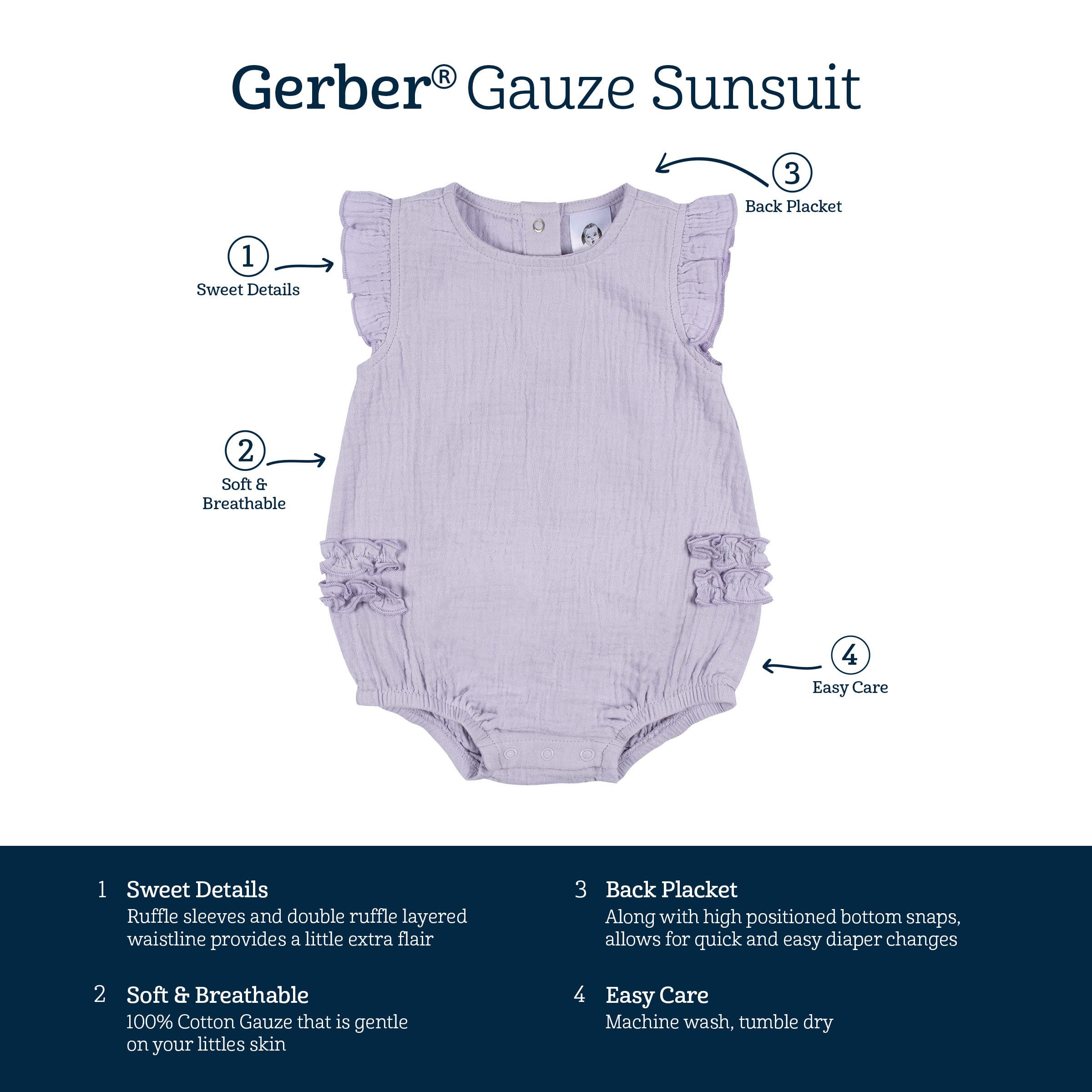 Gerber Baby Girls Sleeveless Ruffle Romper, Purple, 0-3 Months