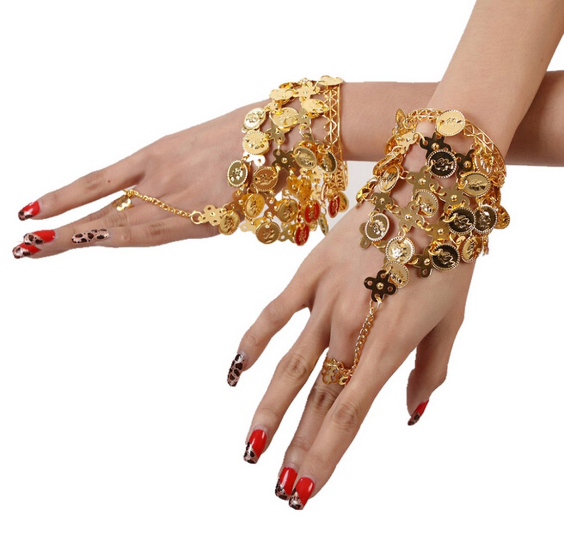 FZBNSRKO 2 Pcs Belly Dance Gold Triangle Bracelet Gypsy Jewelry Coin Bracelet Wrist Hand Bracelet Bangle Rings for Halloween Costume Present
