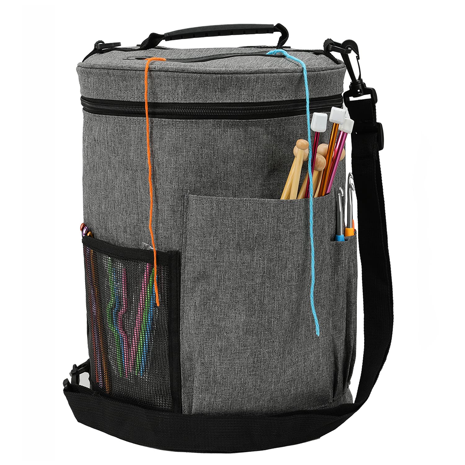 Weabetfu Large Capacity Portable Yarn Organizer Knitting Tote Storage Bag with Shoulder Strap Yarn Bags Have Pocket for Crochet Hooks,Knitting Needles & Accessories,Prevent Yarn Tangle(Grey)