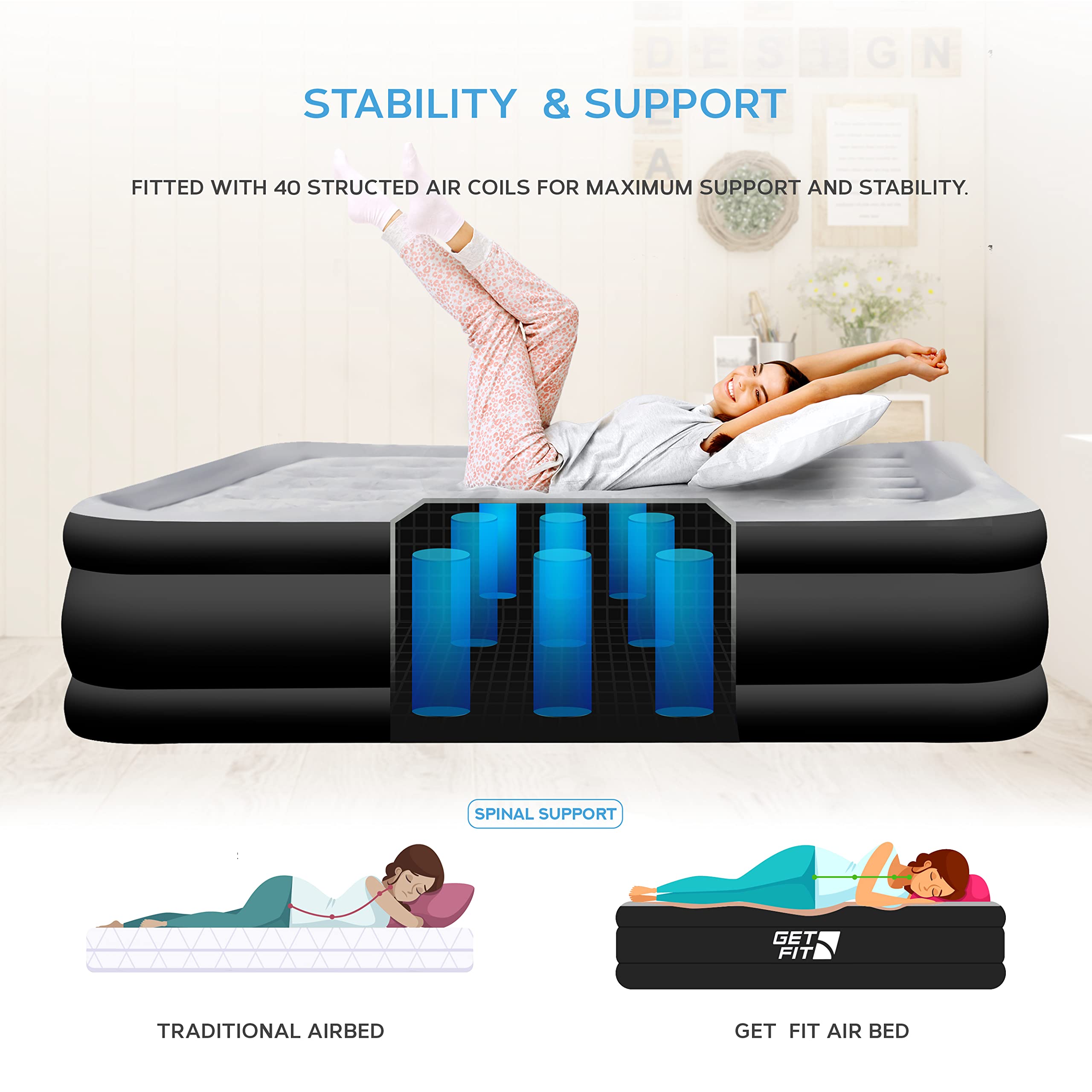 Get Fit Air Bed with Built in Electric Pump - Premium Queen Size - Blow Up Bed with 2 x Free Pillows - Elevated Inflatable Air Mattress for Outdoor, Camping, Tents - Black/Grey