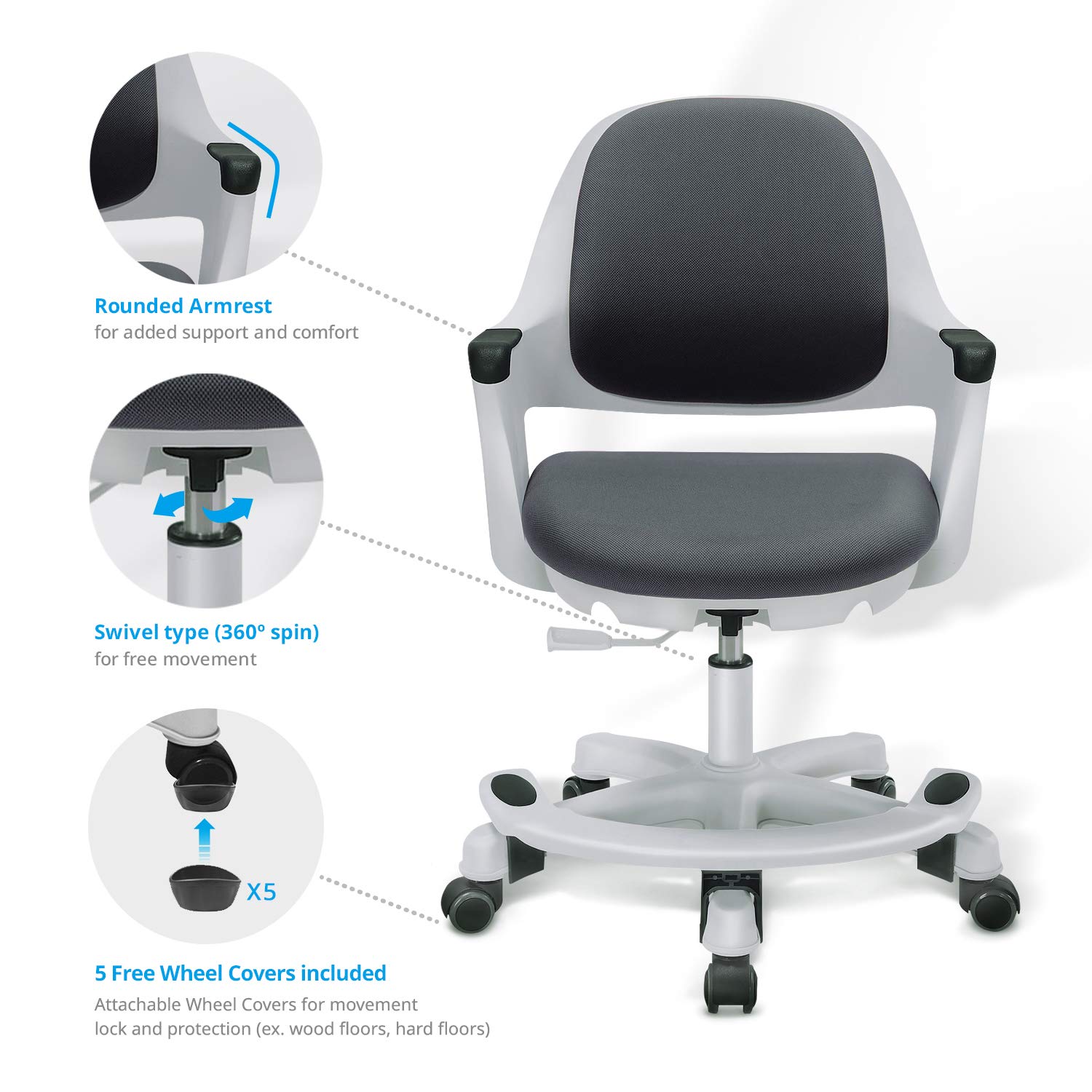 SitRite Ergonomic Kids Desk Chair, Lumbar Support Study Desk Task Chair with Footrest, Height Adjustable Seat, Smooth Rolling Wheels for Student and Children, Cyber Gray