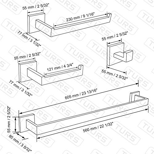 TURS 5-Pieces Bathroom Hardware Set Black Towel Bar Holder Set Stainless Steel Bath Accessories Set Wall Mounted, Q7BK-P5