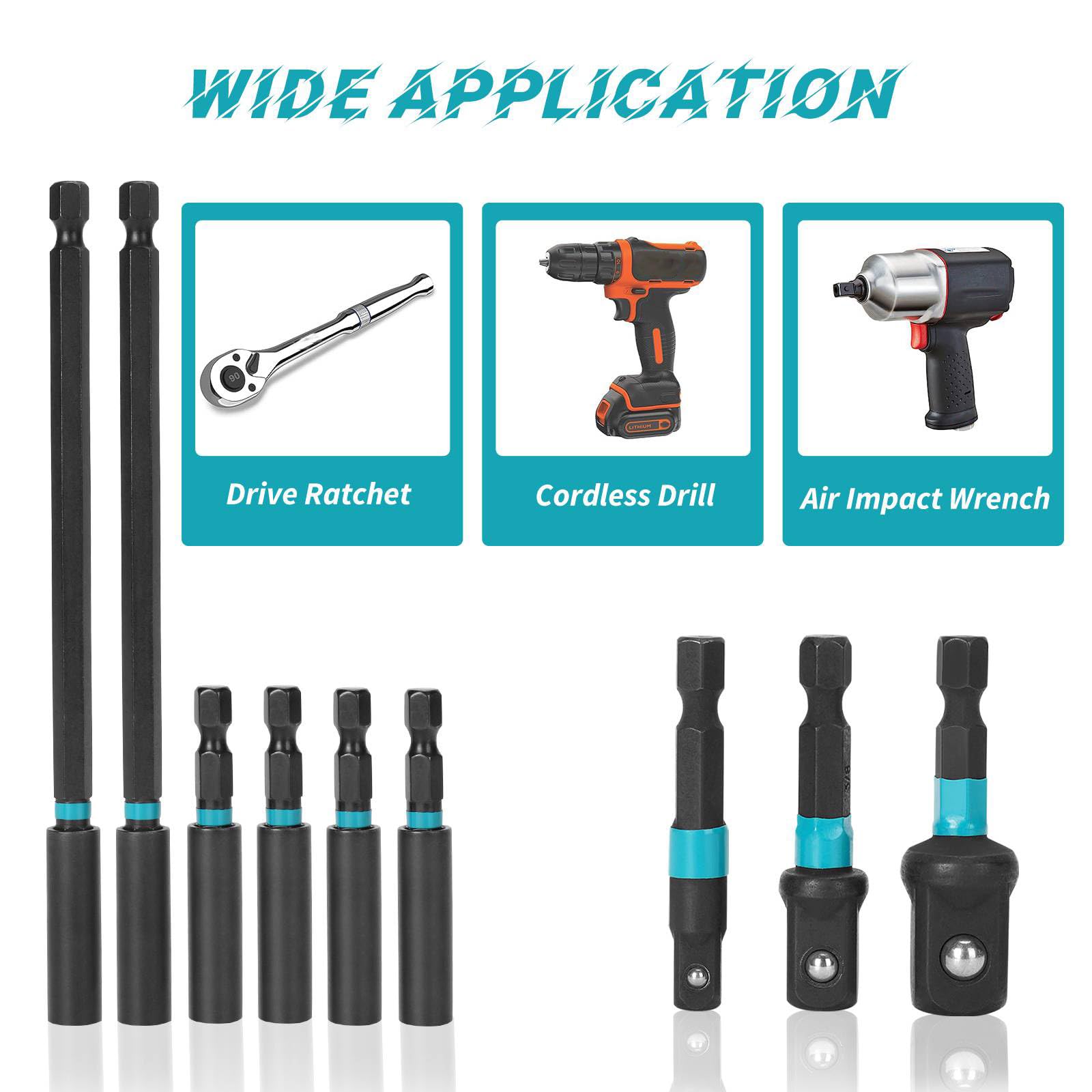 V2ine 10 Pcs Impact Driver Bit Adapter Set,5 PCS Strong Magnetic Screwdriver Bit Holder 2.4 Inch Extension + 6Inch Magnetic Screwdriver Bit Holder Extension + 3Pcs Socket Adapter Set With Tough Case