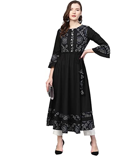 Yash Gallery Women's Cotton Slub Bandhej Print Anarkali Kurtis (Black)