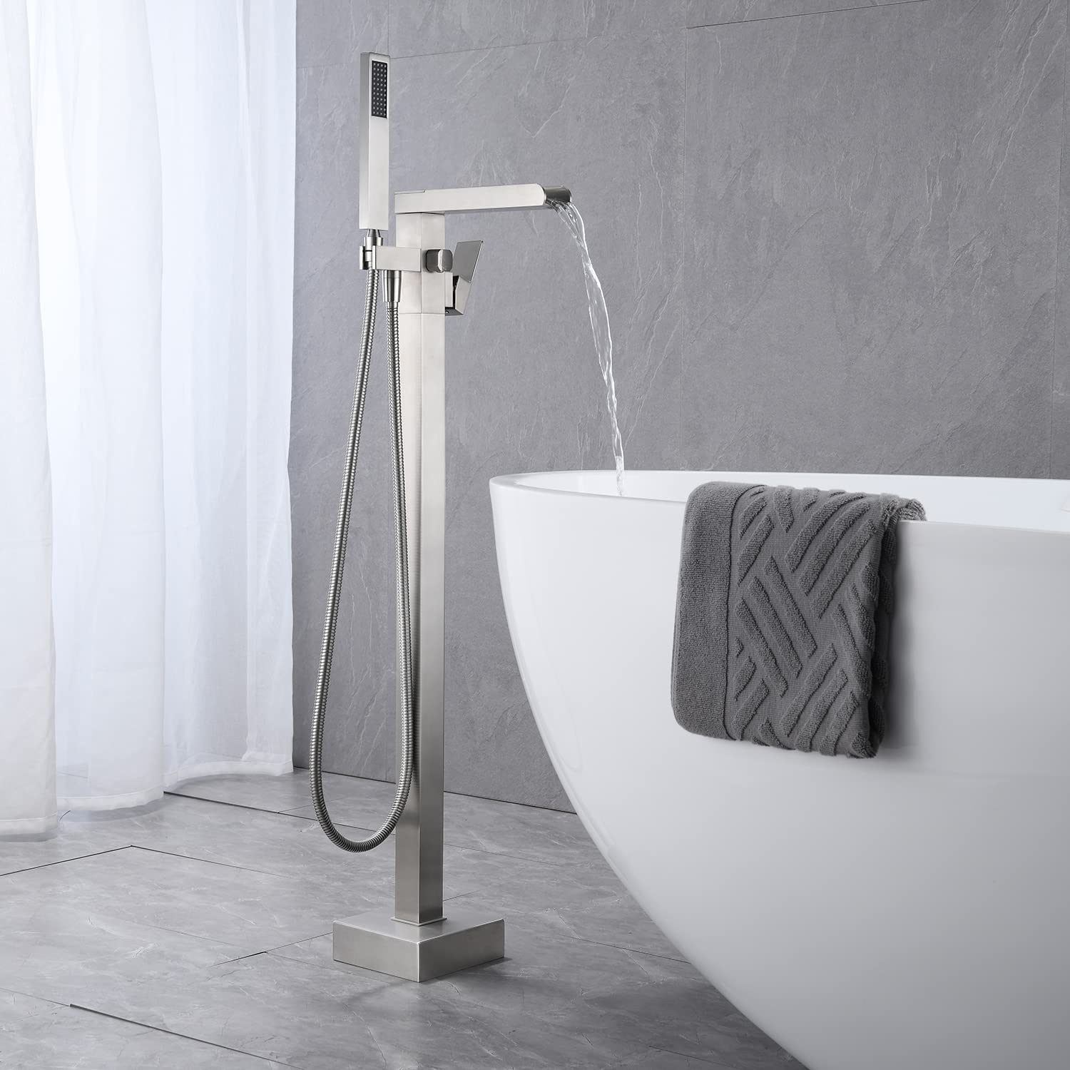 Wowkk Freestanding Bathtub Faucet Waterfall Tub Filler Brushed Nickel Floor Mount Brass Single Handle Bathroom Faucets with Hand Shower
