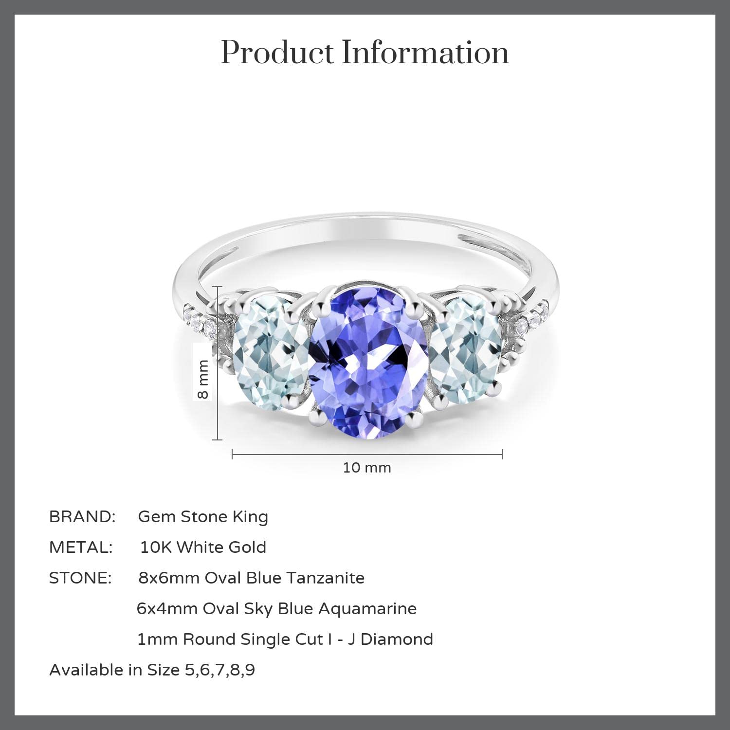 Gem Stone King 10K White Gold Blue Tanzanite Sky Blue Aquamarine & Diamond Accent 3-Stone Engagement Ring | 2.07 Cttw | 3 Stone Wedding Engagement Anniversary Promise Ring For Women (Size 5)