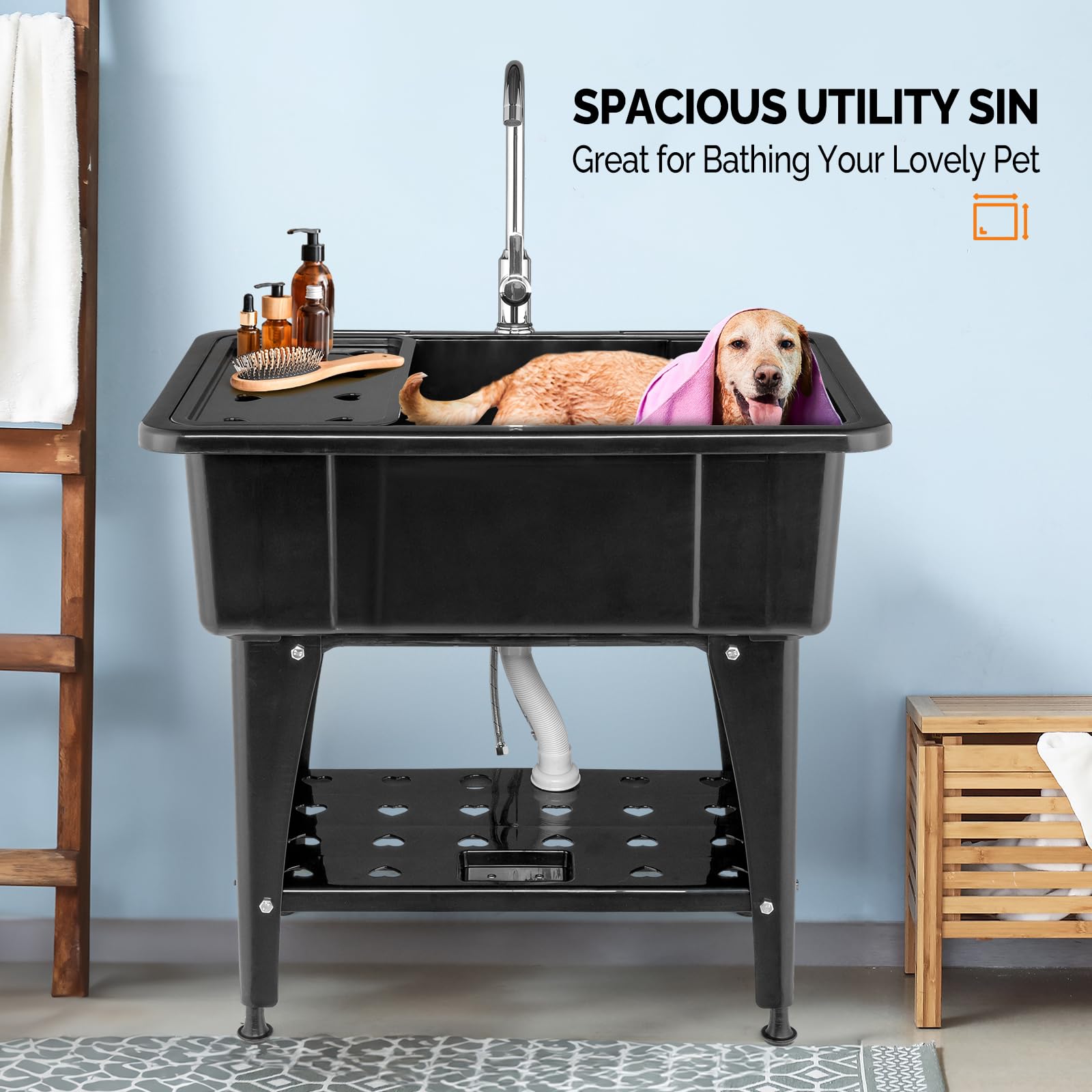 VINGLI Utility Sink Laundry Tub for Washing Room, Freestanding Utility Sink with Stainless Steel Faucet, (Black, 32.3"W x 22.4" D x 43.3"H)