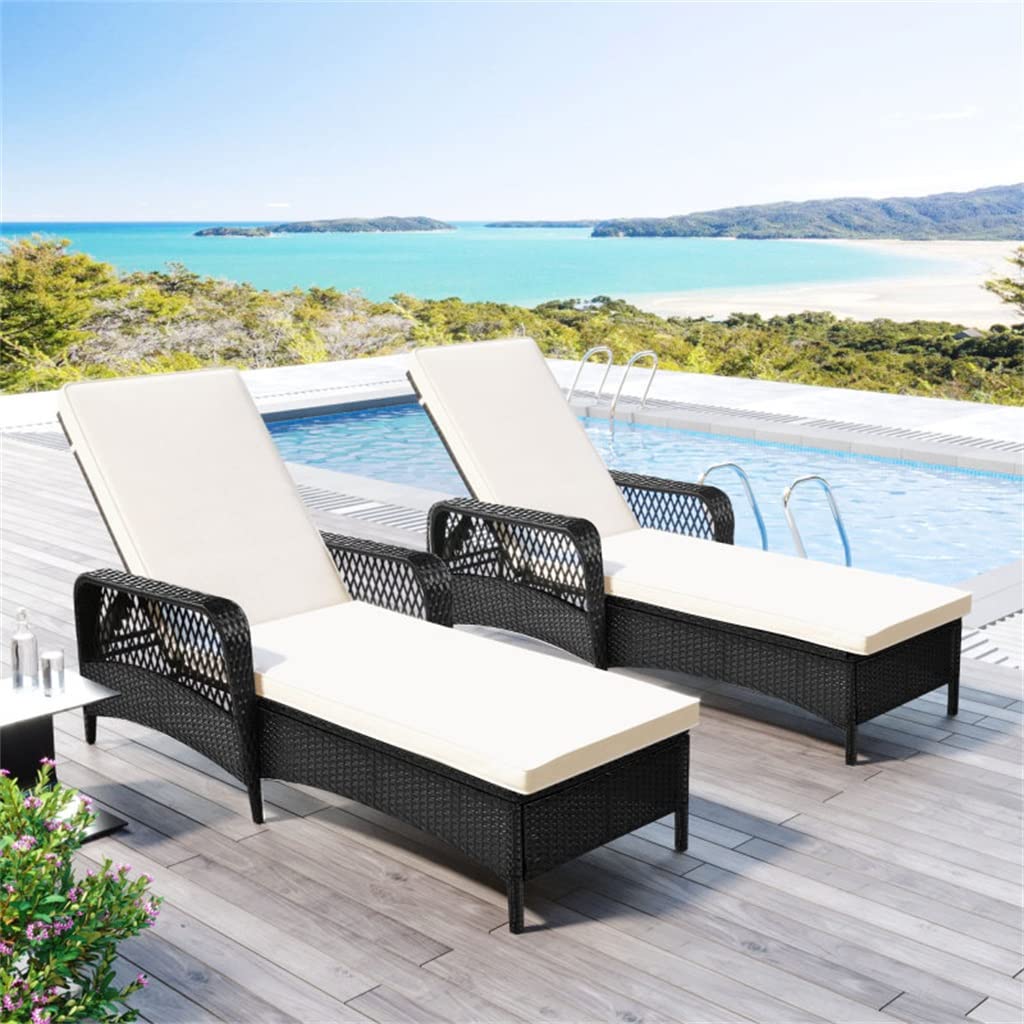 FZZDP Terrace Pool PE Rattan Wicker Chair Wicker Deck Chair, Adjustable Backrest Black Wiker (2 Sets)