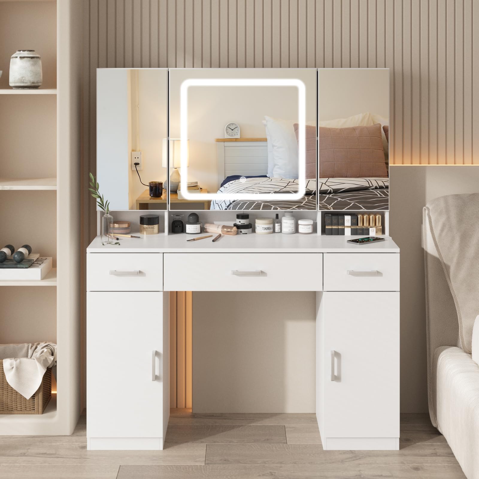 Vabches Vanity Desk with 3 Opening Mirrors and LED Lights, Makeup Vanity Table with 10 Storage Shelves, 3 Large Drawers and 2 Cabinets, 45.3" Dressing Table with Jewelry Armoire & Power Outlet, White