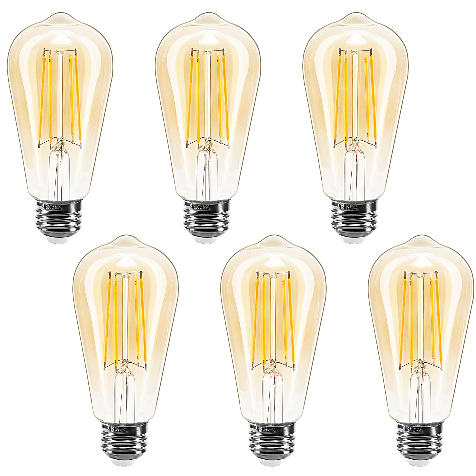 TopLeder Vintage LED Edison Bulbs 6W, Equivalent 60W Incandescent, Warm White 2700K, E26 Medium Base, Non-Dimmable, ST58 Antique LED Filament Bulbs with 80+ CRI, Amber Glass, Pack of 6