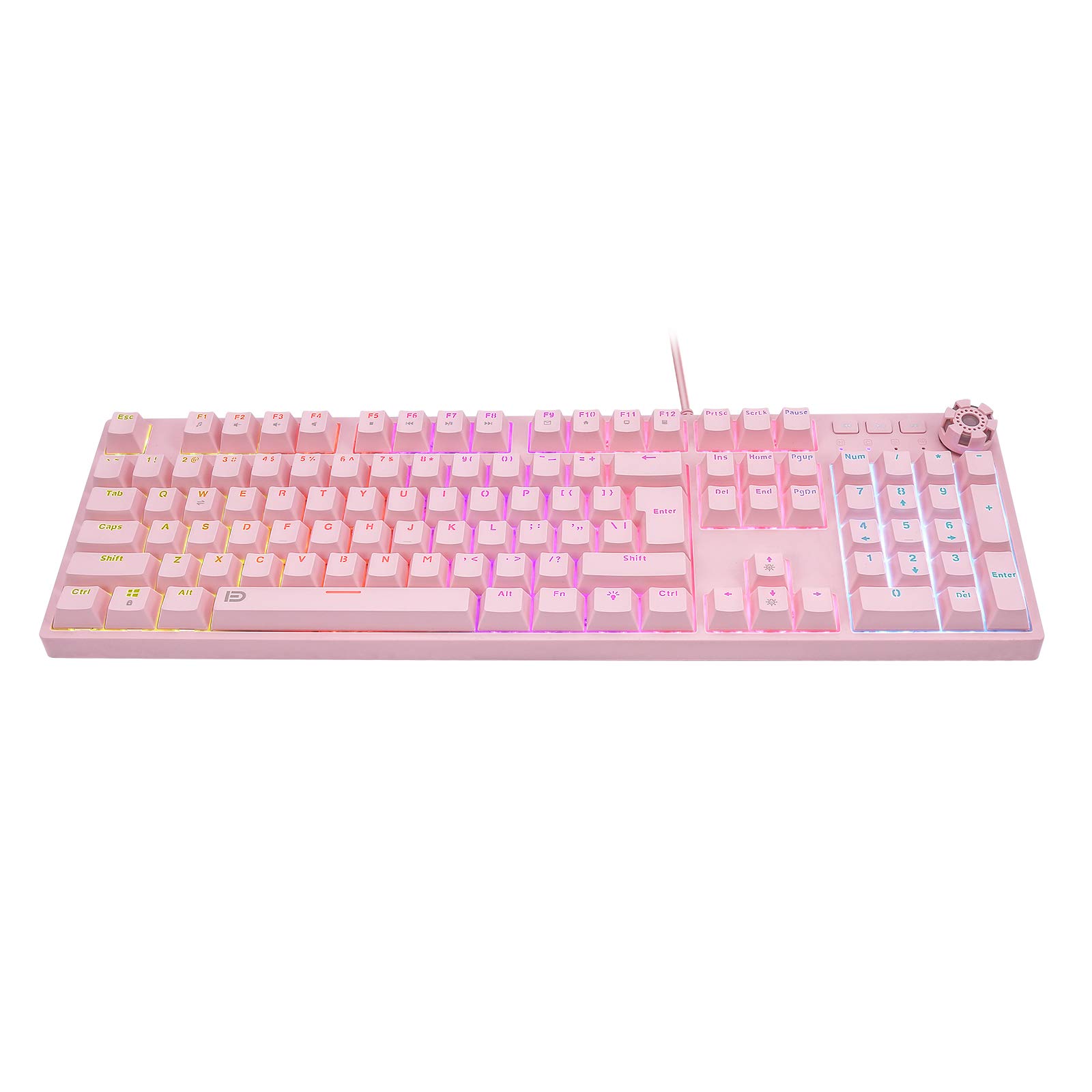 HUO JI Pink Mechanical Gaming Keyboard, USB Wired with Rainbow LED Backlit, Brown Switches, Multimedia Keys,108 Keys No Conflict