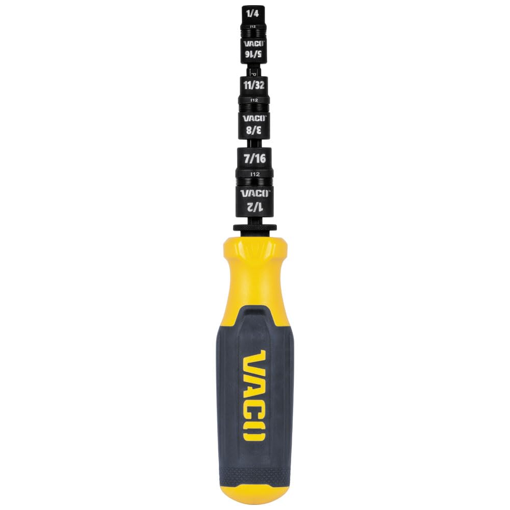 VACO VAC1070 Impact Driver, 7-in-1 SAE Multi-Bit Impact Flip Socket with Handle, 6 Easy-to-Identify Hex Driver Sizes and 1/4-Inch Bit Holder