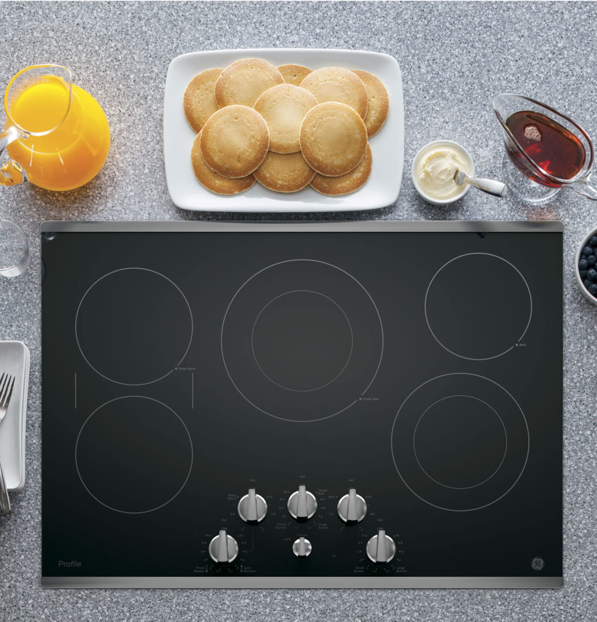 GE PP7030DJBB 30 Inch Electric Cooktop with 5 Radiant, Bridge SyncBurners, 9/6 Inch Power Boil Element, Keep Warm Setting, Red LED Backlit Knobs, ADA Compliant Fits Guarantee