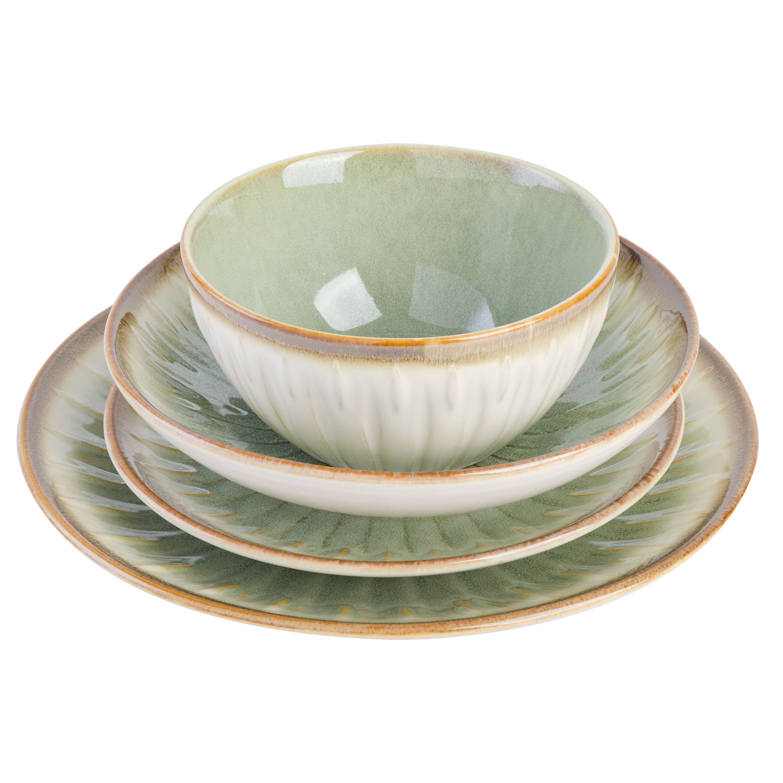 Gibson Elite Mayfair Bay Embossed Double Bowl Dinnerware Set, Service for 4 (16pcs), Green and Gibson Elite 4 Pack Dreamweaver Terracotta Reactive 17 OZ Mug Set - Earthy Brown