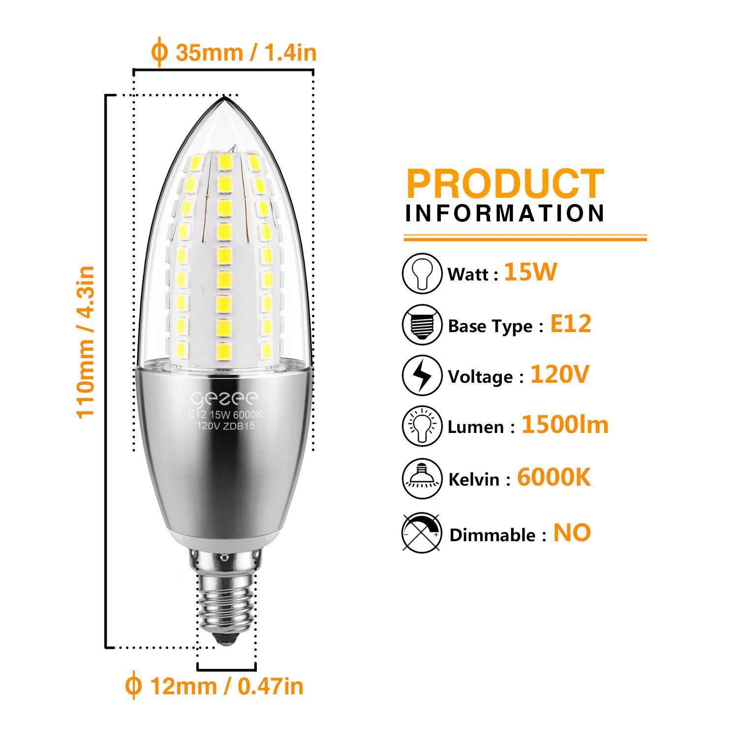 GEZEE LED Candelabra Bulb, Non-Dimmable 120Watt Light Bulbs Equivalent, 15W LED Candle Bulbs,Daylight White 6000K Chandelier Bulbs,4.3in, E12 Candelabra Base, 120V, 1500Lumens, Torpedo Shape(4 Pack)