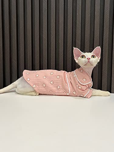 Sphynx Hairless Cat Clothes Autumn Cartoon Pattern Pajamas Air Cotton T-Shirts Comfortable Kitten Shirts Pet Clothes for Cat (M(4.4-5.5lbs), Pink)