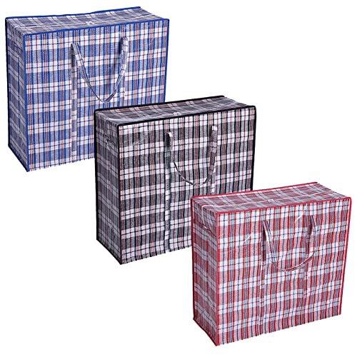 Winghin 3 Pack Large Moving Bags with Double Zippers Carrying Handles, Heavy-Duty Storage Tote Plastic Checkered Laundry Shopping Bags, Size 27.5" X 25.6" X 11.8", Color Red Black Blue
