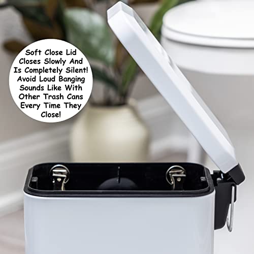 Soft Close, Slim Trash Can 2.6 Gallon with Anti - Bag Slip Liner and Lid, Use as Mini Garbage Basket, Slim Dust Bin, or Decor in Bathroom, Restroom, Kitchen, or Bedroom (10L / 2.6 Gallon, Shiny White)