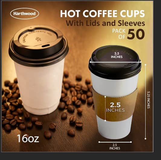 HÄRTHWOOD 16 oz Paper Coffee Cups with Lids - 50 Pack, White and Disposable Coffee Cups with Black Dome Lids and Kraft Sleeves NEW IMPROVED…