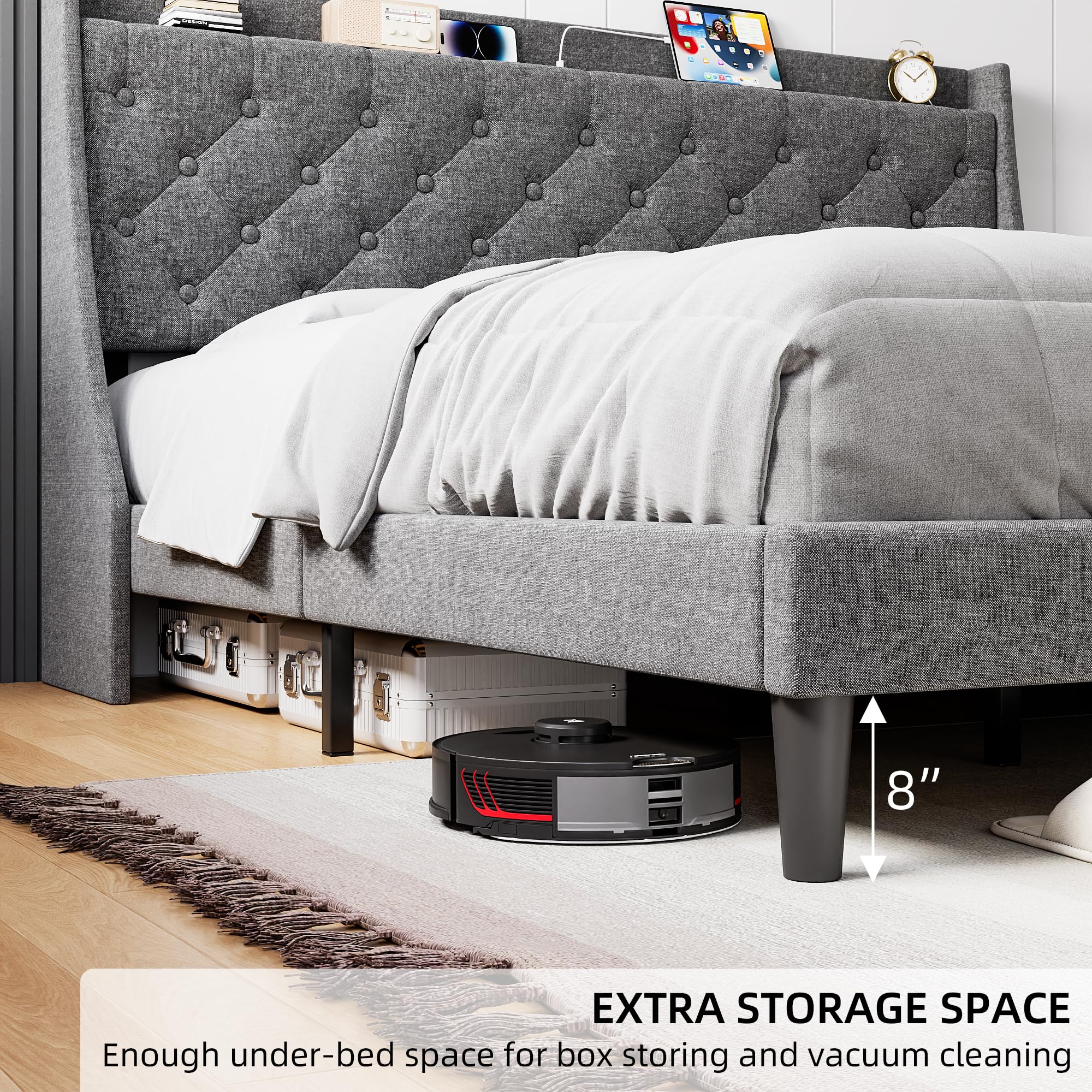 GaoMon King Size Bed Frame with Charging Station and Storage Shelf, Upholstered Platform Bed with Headboard and Wingback, Button Tufted Design, No Box Spring Needed, Easy Assembly, Beige