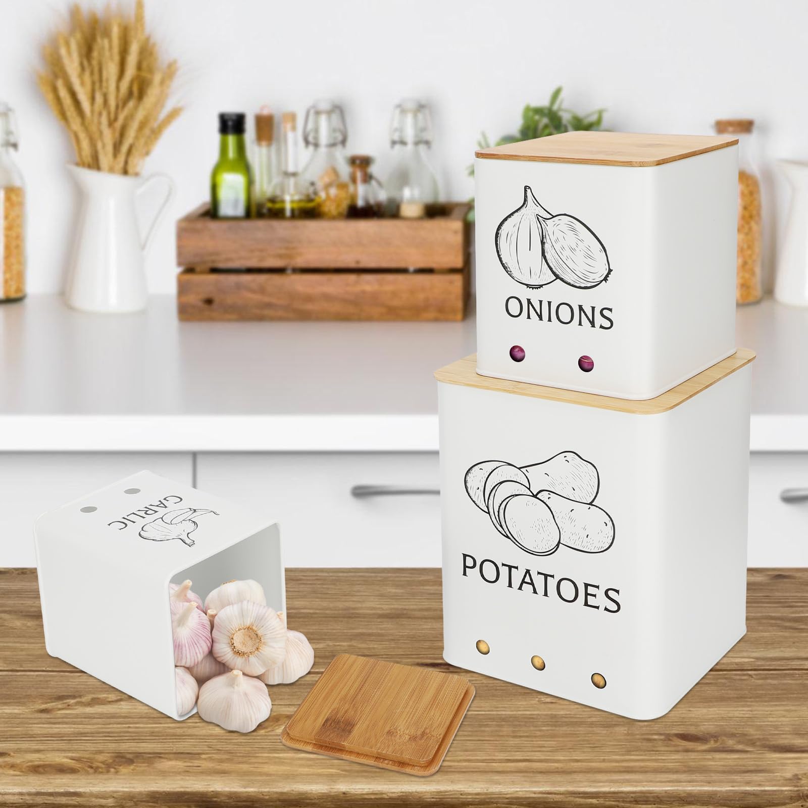 Moondust Wj 3 Pack Vegetable Storage Tins,Potatoes Storage,Metal Onion and Potato Storage Bins,Kitchen Potato and Onion Storage Bin,Onion Storage Containers with Aerating Holes and Wooden Lid.