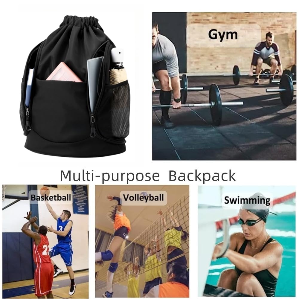 Gym Backpack for Women, Drawstring Soccer Bag, Waterproof Sports Basketball Soccer Backpack for Men with Shoes Compartment (Black-1)