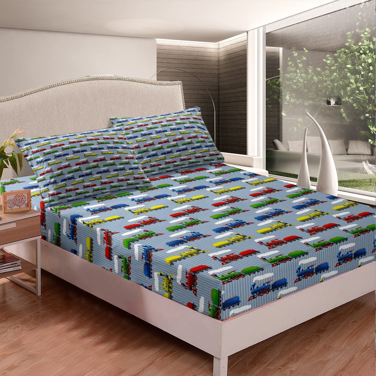 Train Bedding Set Twin,Construction Train Bed Sheets Colorful Cartoon Smoking Steam Engine Fitted Bed Sheet for Kids Boys Girls Train Room Decor Blue Stripes Decor Bedding with 1 Pillow Case