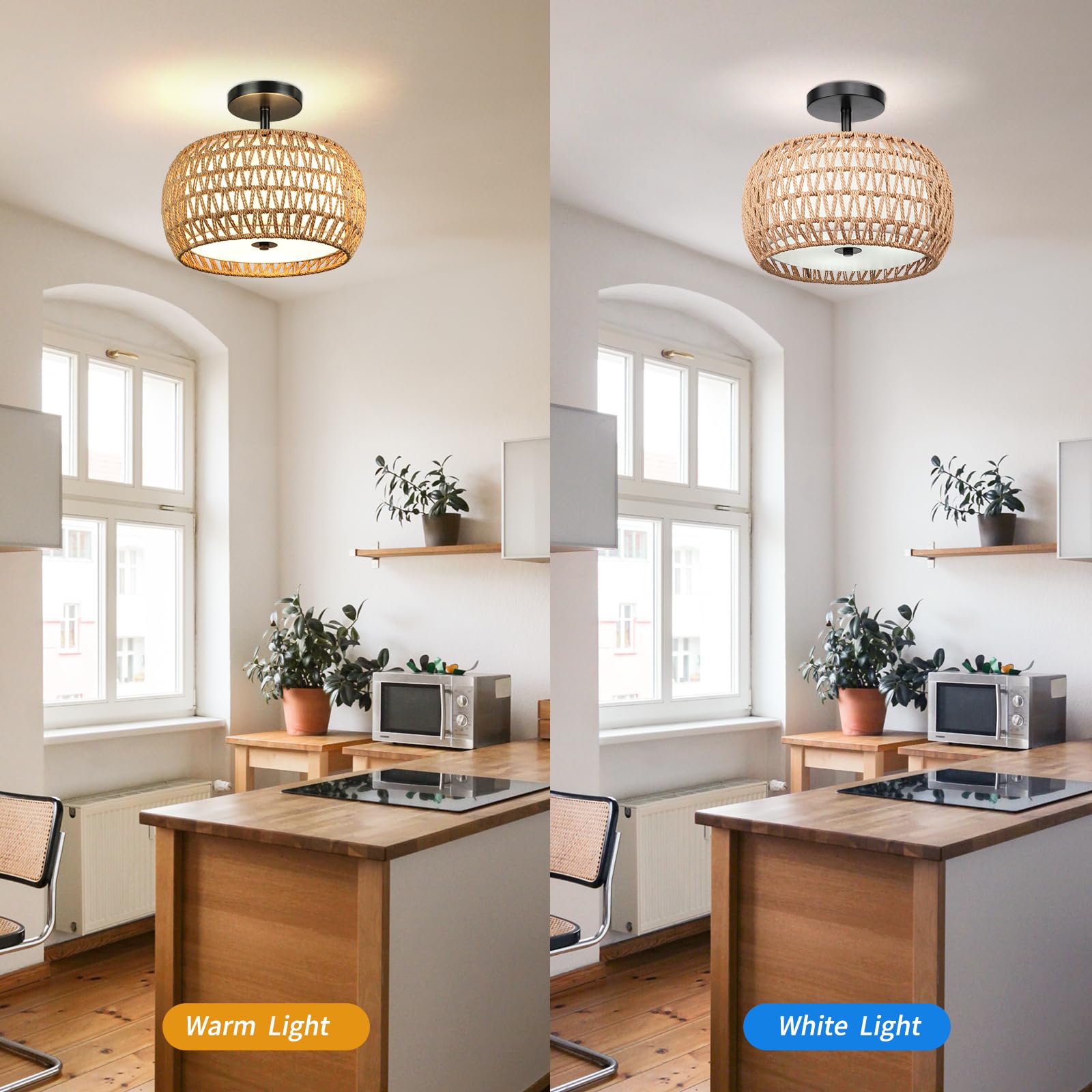 FRIDEKO HOME 3-Light Semi Flush Mount Ceiling Light - Woven Rattan Light Fixtures Ceiling Mount Boho Light Fixture with Fabric Shade Ceiling Light Fixture for Bedroom Kitchen Hallway Dining Room